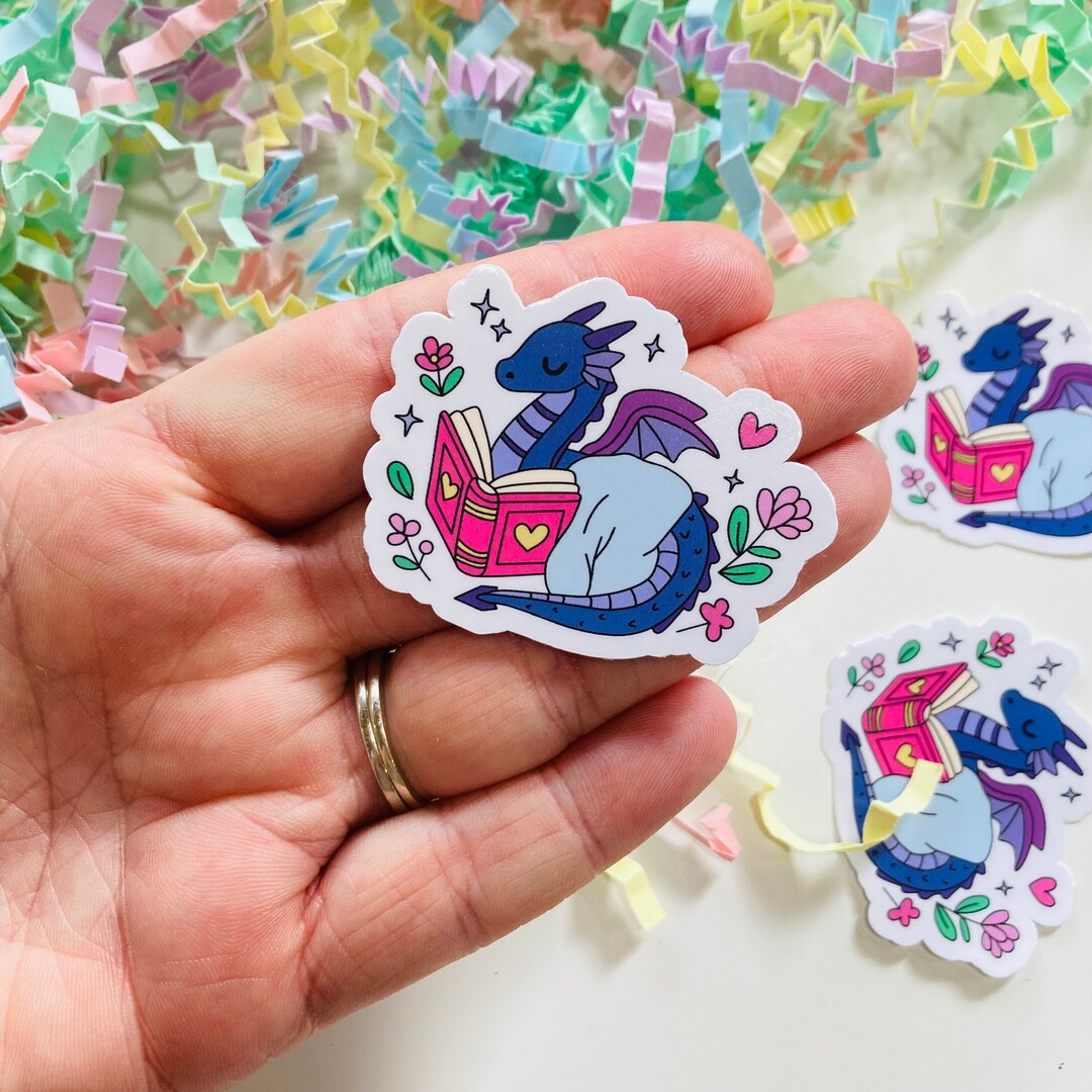 Cute Dragon Reading a Book Sticker, Fantasy Reader Sticker, Book ...