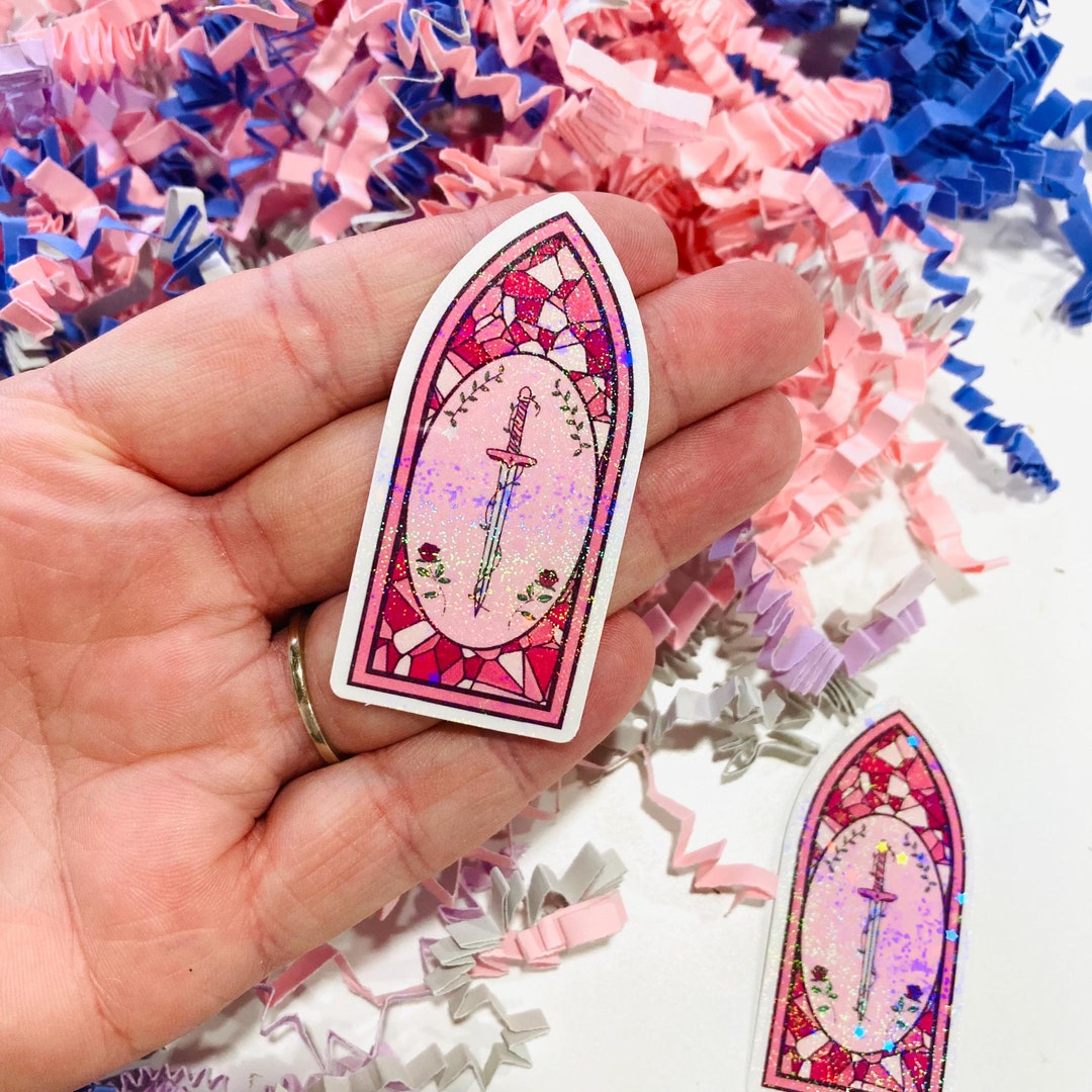 Pink Rose & Sword Stained Glass Window Sticker, Water Resistant Vinyl ...