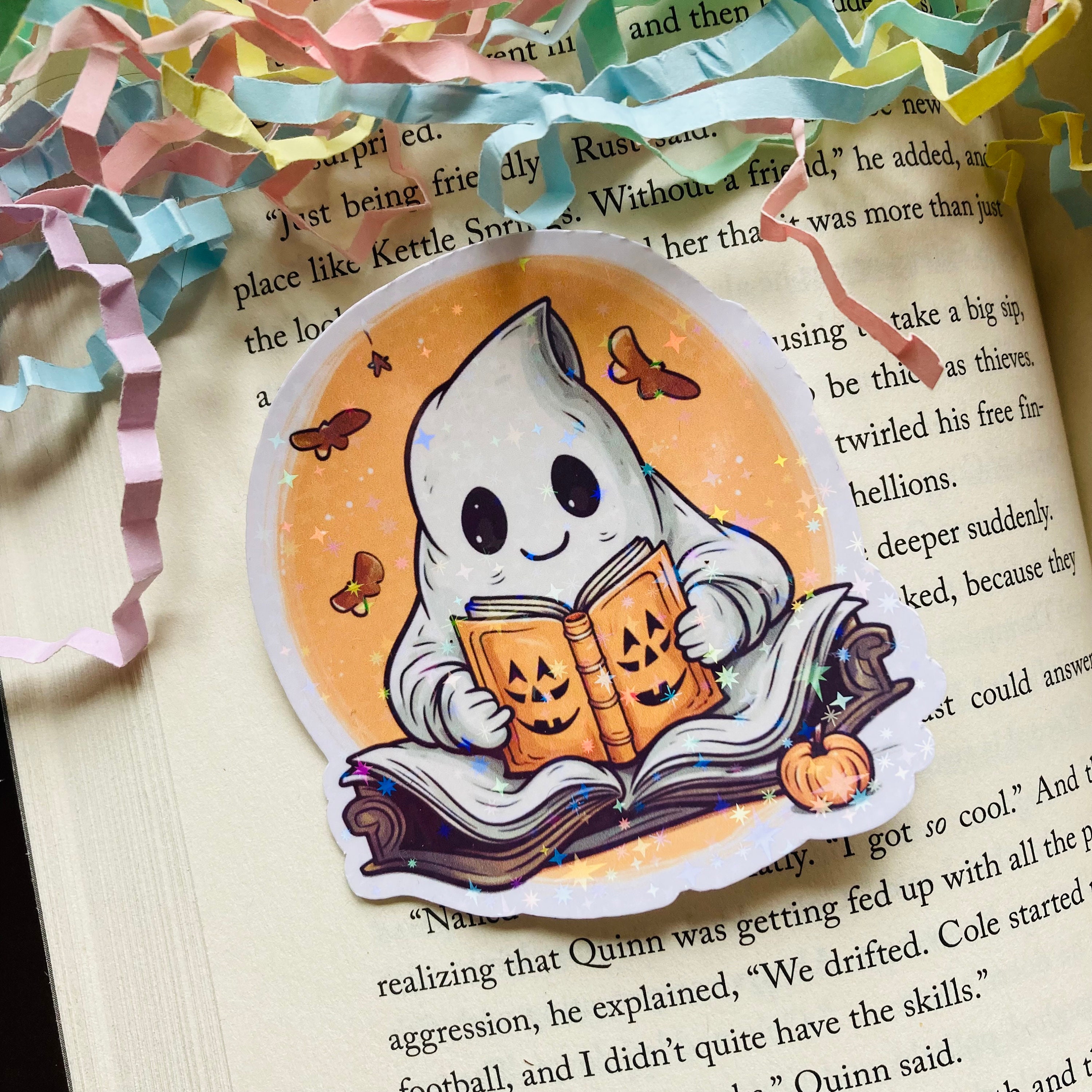 Bookish Ghost Sticker, Book Stickers for Kindle, Ghost Reading, Sparkly ...