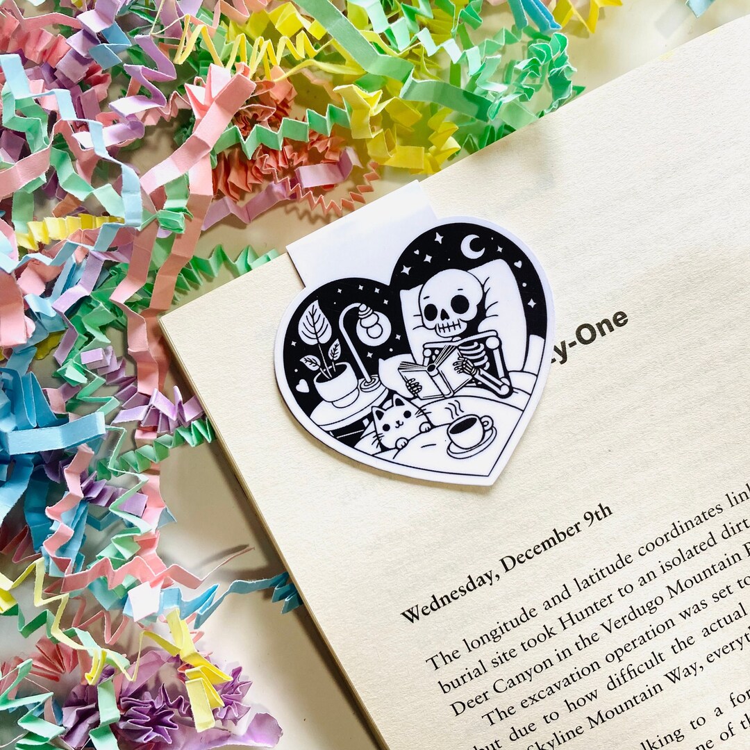 Cute Skeleton Reading With Cat Magnetic Bookmark, Skeleton Reading a ...
