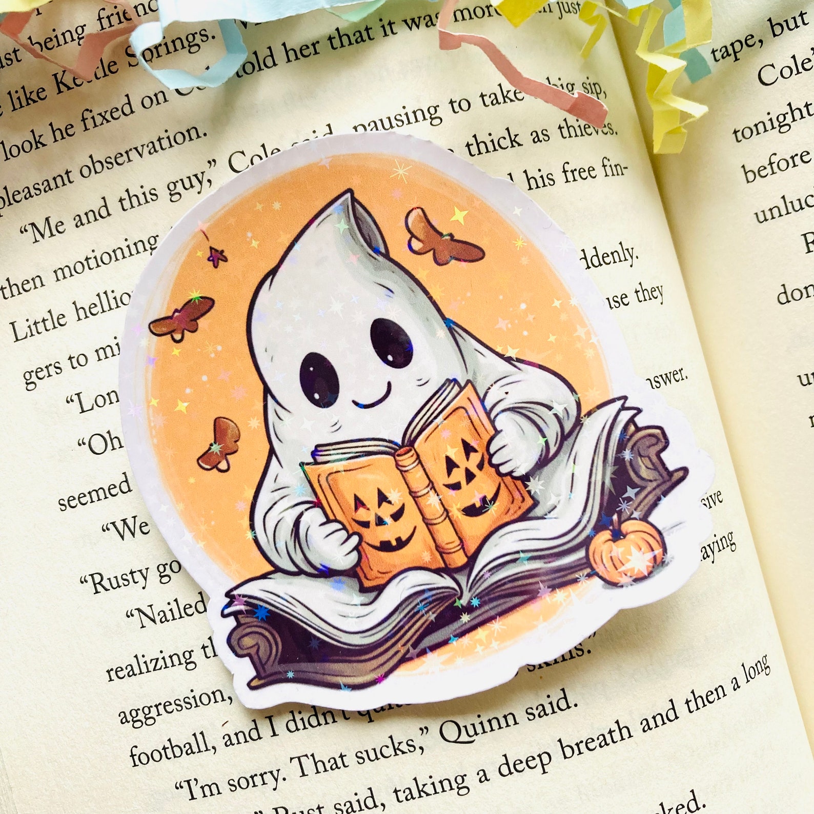 Bookish Ghost Sticker, Book Stickers for Kindle, Ghost Reading, Sparkly ...