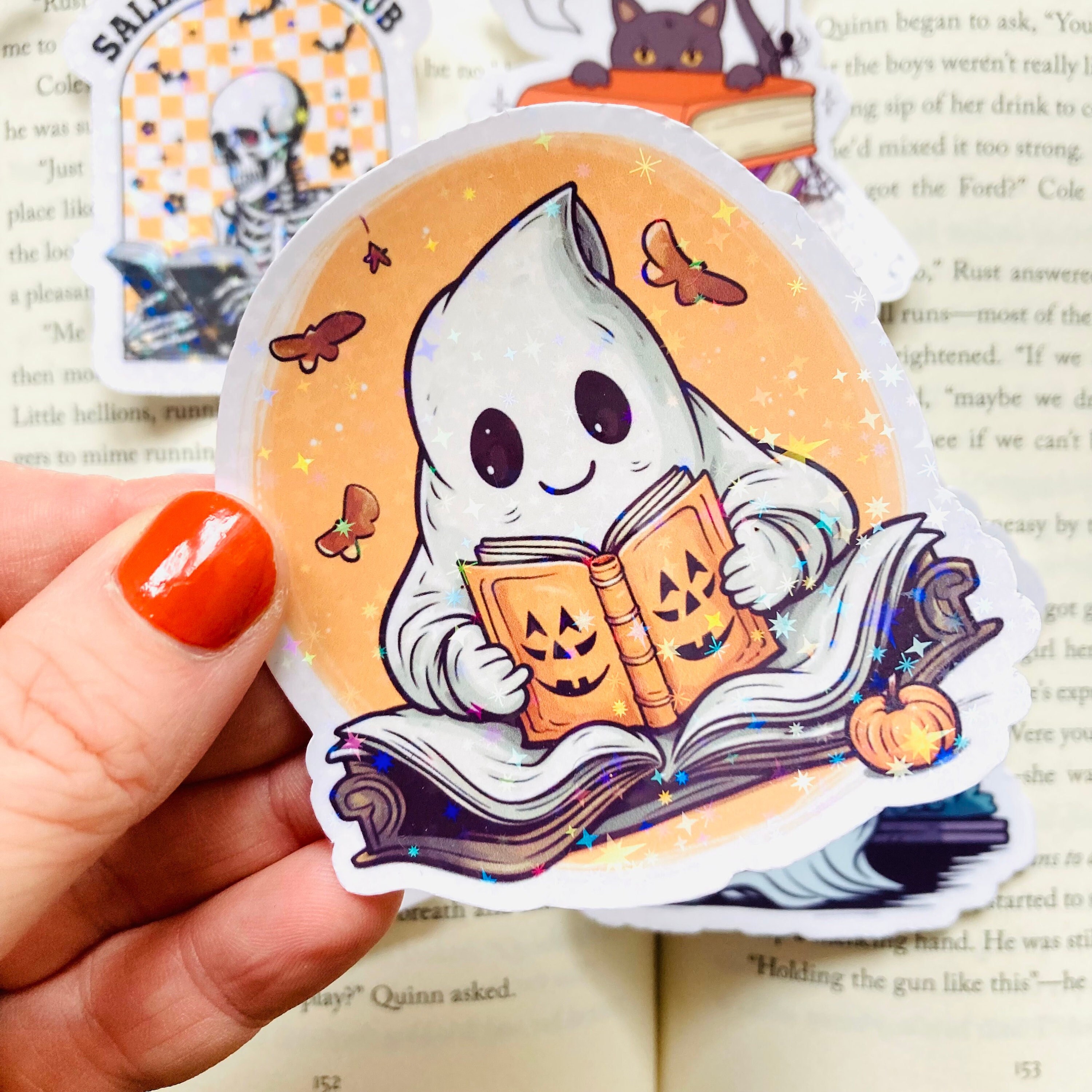 Bookish Ghost Sticker, Book Stickers for Kindle, Ghost Reading, Sparkly ...