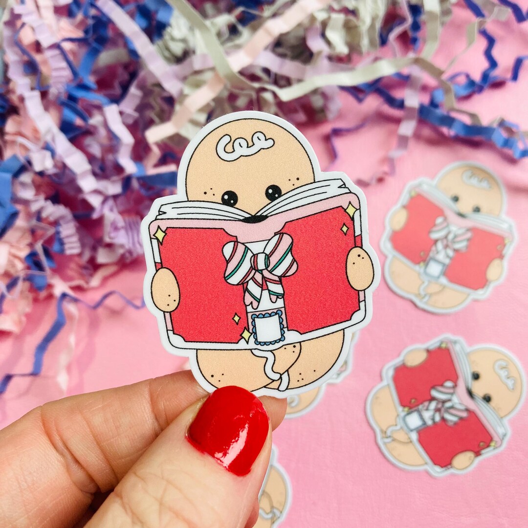 Cute Bookish Gingerbread Man Vinyl Sticker, Gingerbread Man Reading ...