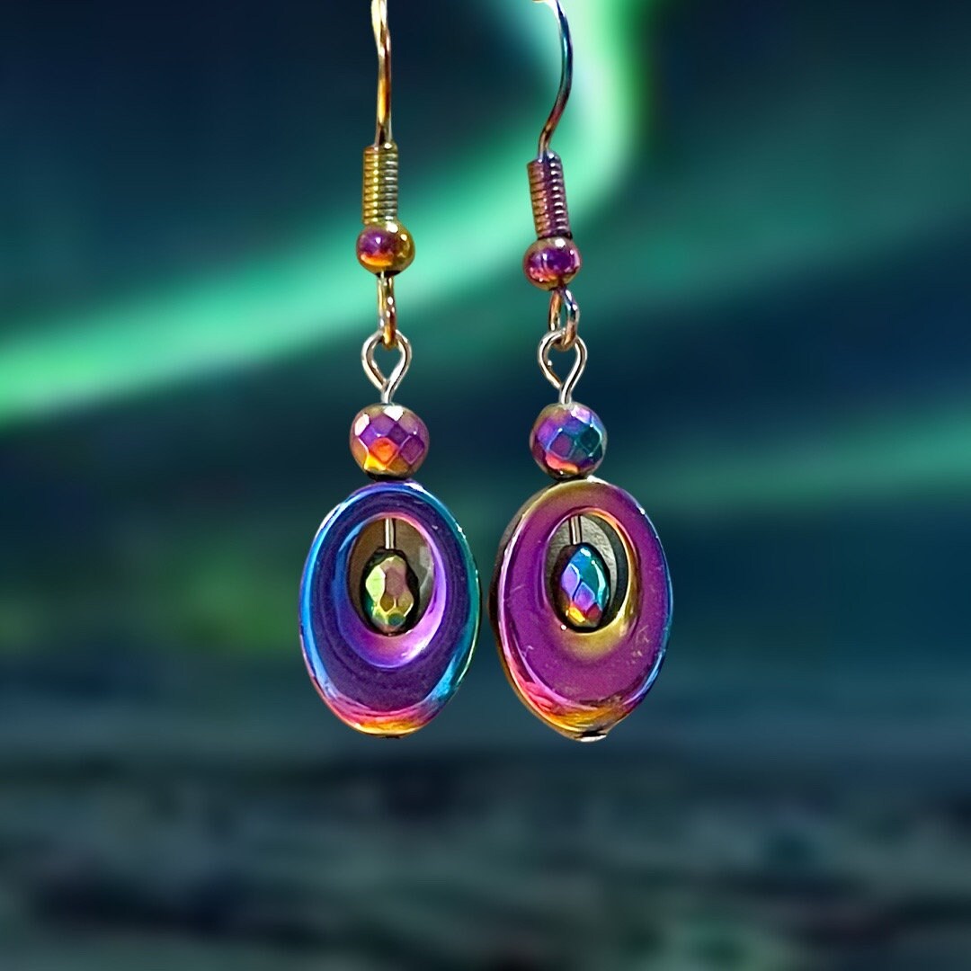 Aurora Nights Oval Rainbow Hematite Earring Etsy