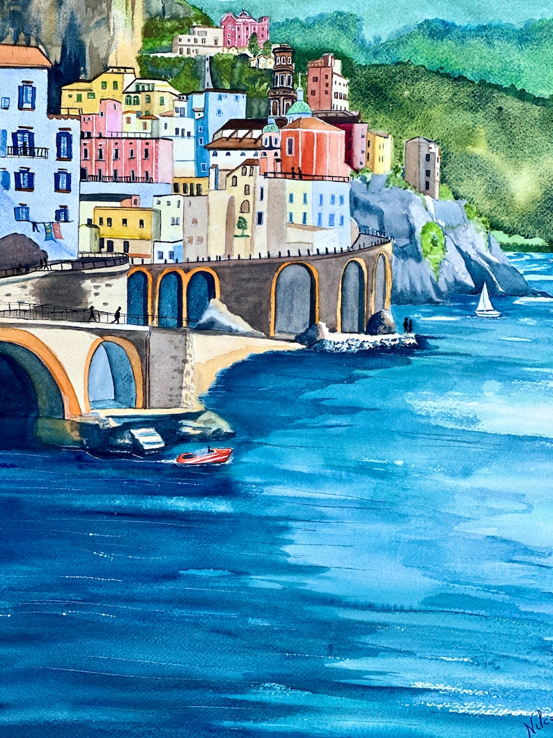 Pintura Em Aquarela Original Da Costa Amalfitana, 57 X 77 Cm, Sem ...