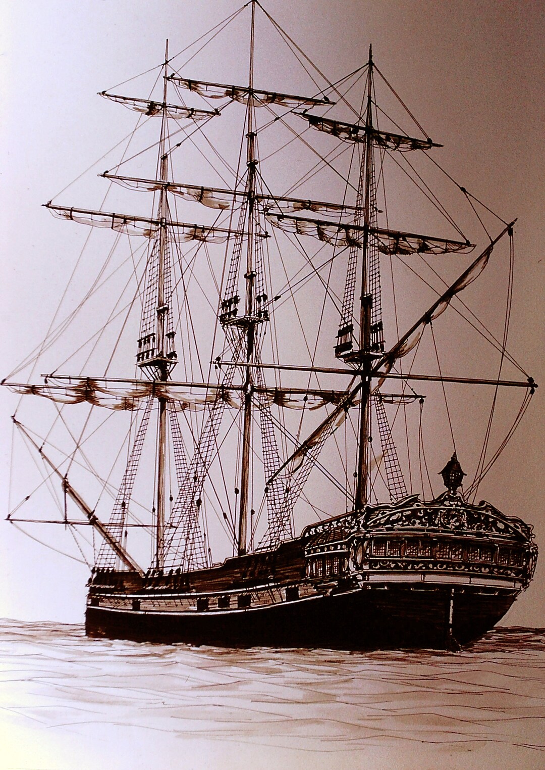 Barkentine With Sails Stowed. Digital Print of a Pen & Ink Drawing ...