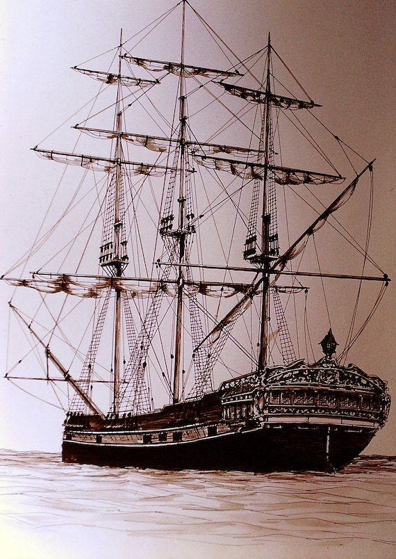 Barkentine With Sails Stowed. Digital Print of a Pen & Ink | Etsy