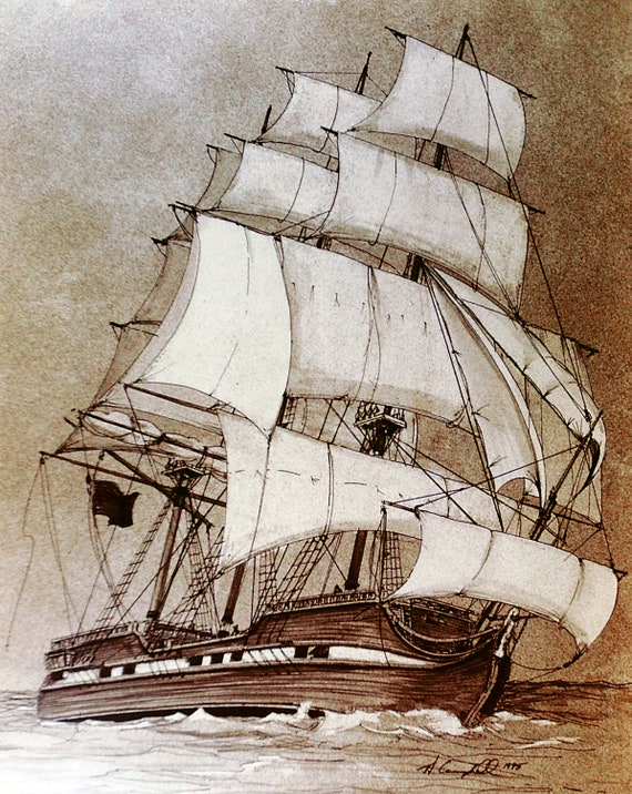 Barkentine Ship in Full Sail. Digital Print of a Pen & Ink - Etsy