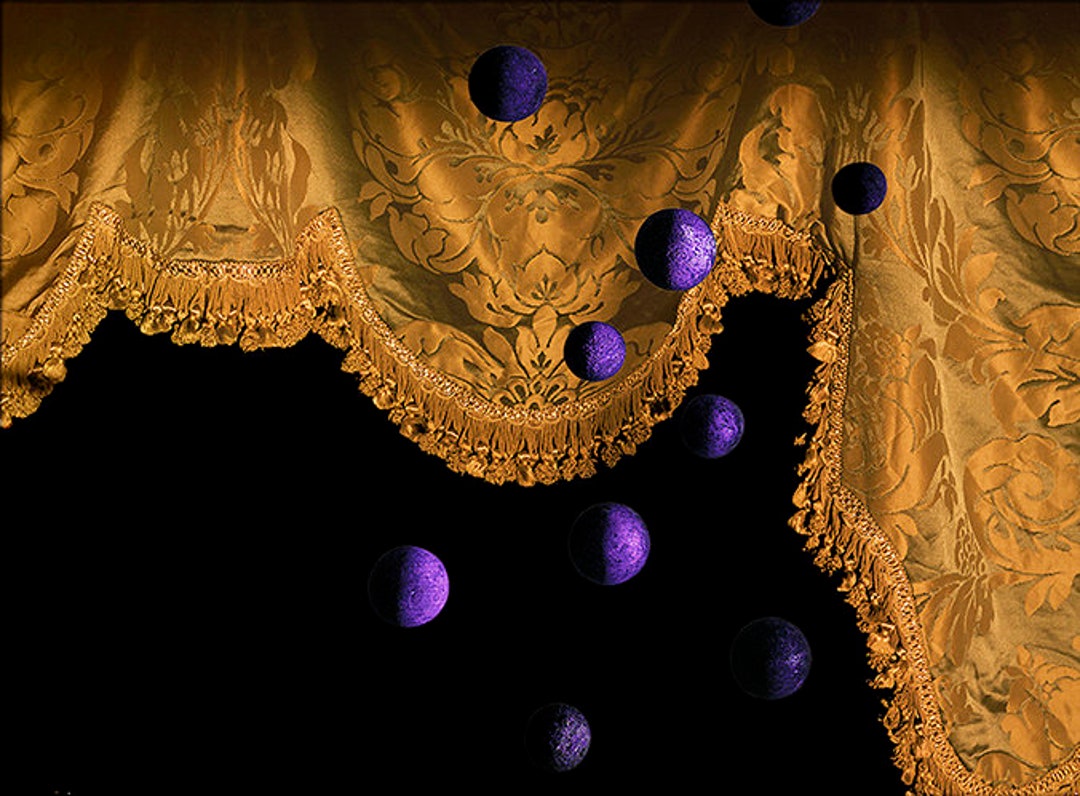 Still Life Photograph of a Brocade Drape & Suspended Blue Ornaments ...