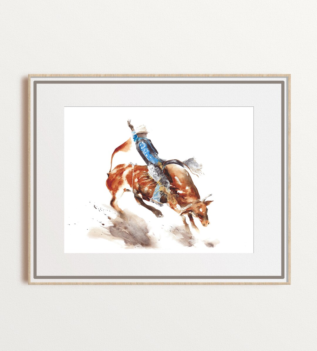Cowboy Watercolor Art, Bull Rodeo Wall Art, Southwestern Sport Artwork ...