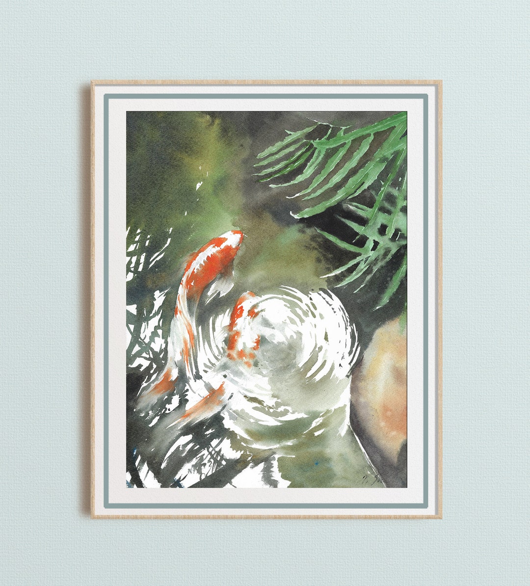 Koi Fish Zen Watercolor Art, Chinese Fish Pond Painting, Feng Shui Home ...