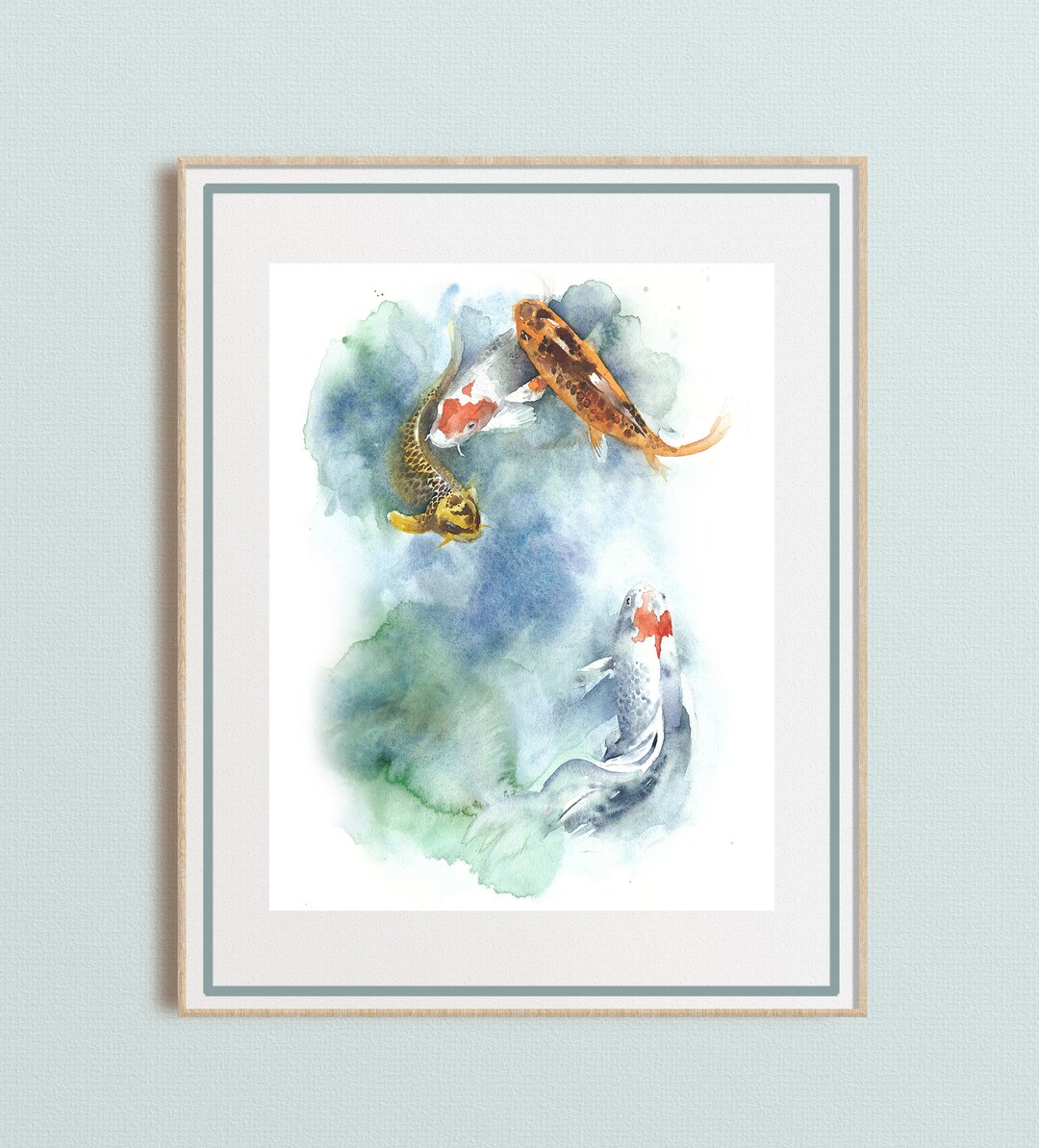 Koi Fish Zen Watercolor Art, Teal Blue Fish Pond Wall Decor, Feng Shui ...