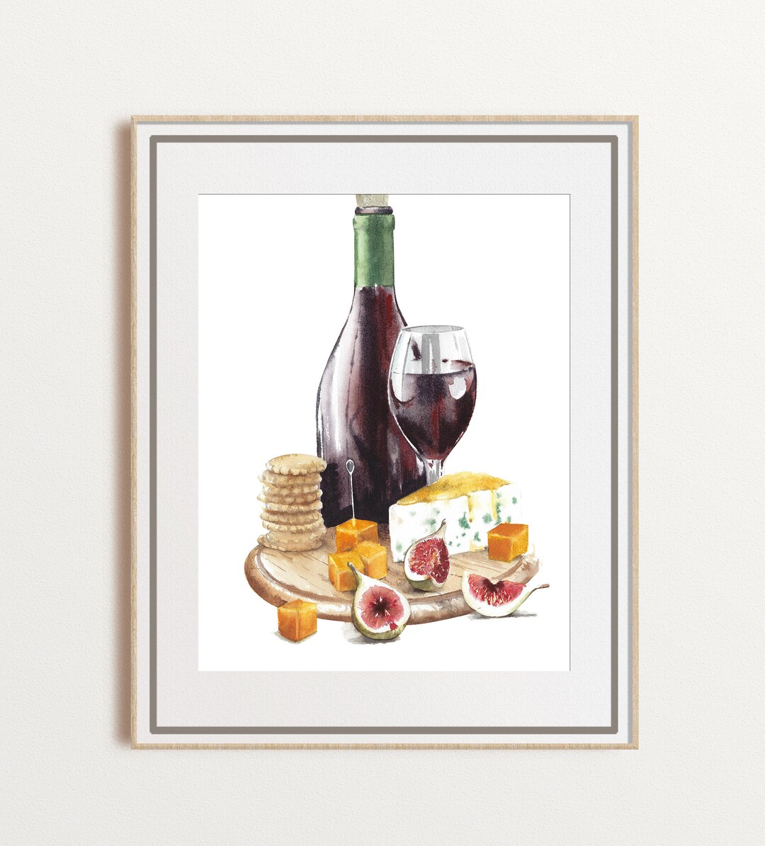 Cheese and Wine Plate Watercolor, Still Life Painting, Kitchen Wall Art ...