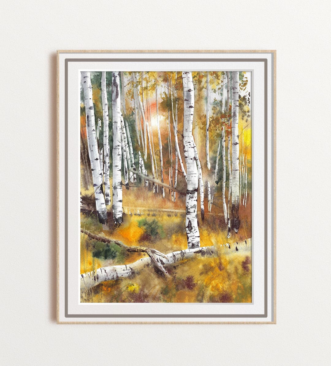 Birch Trees Watercolor Art, Landscape Fall Décor, Aspen Grove Wall Art ...