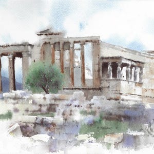 Acropolis of Athens Watercolor Art, Greece Giclée Print Erechtheion ...