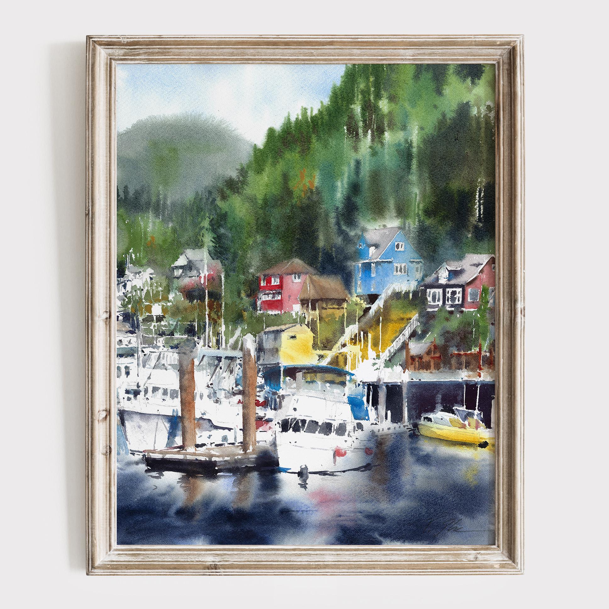 Ketchikan Alaska Watercolor Giclée Print, Stilt Houses, Town Painting ...