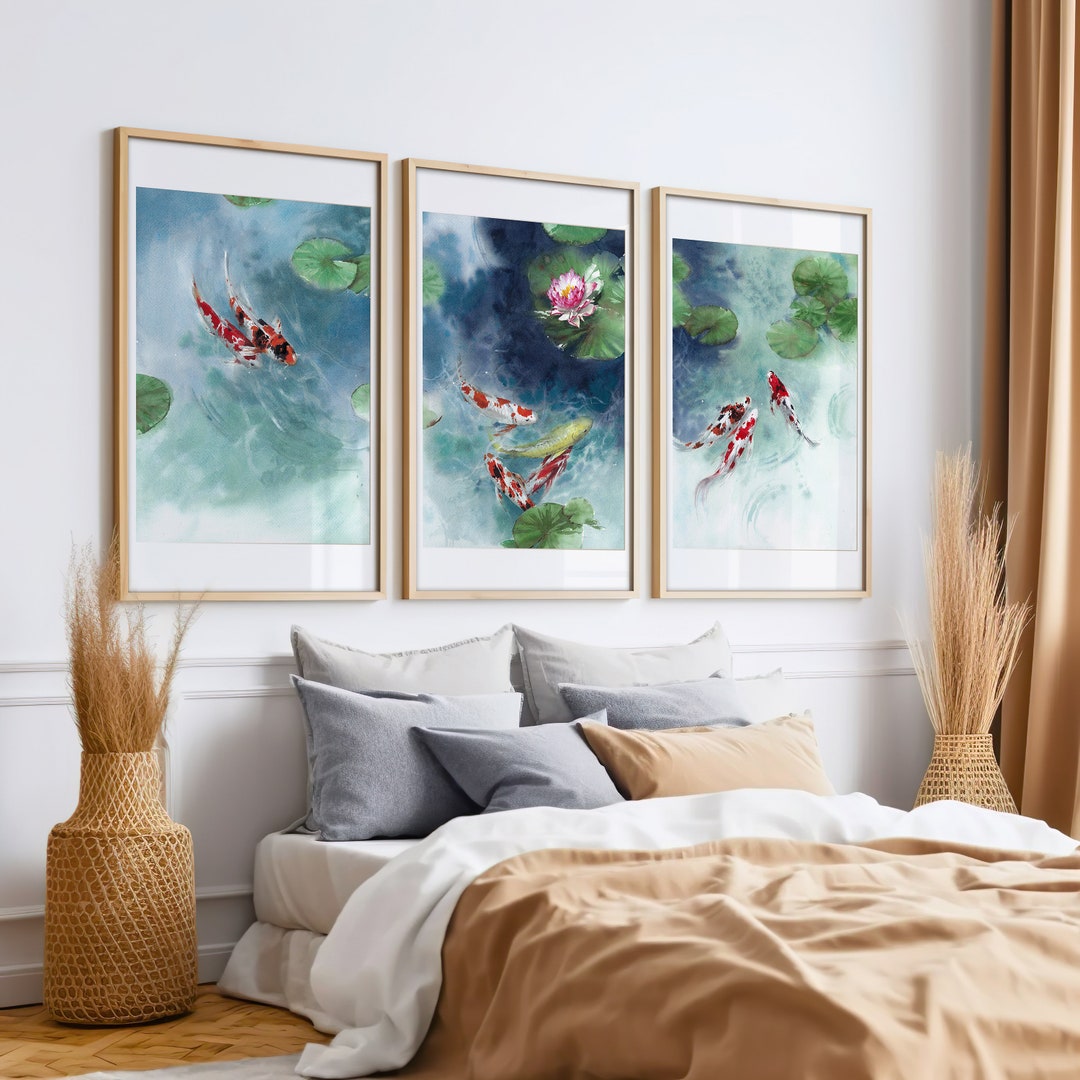 Set of 3 Koi Fish Watercolor Art, Set of Three Koi Pond Prints, Zen ...