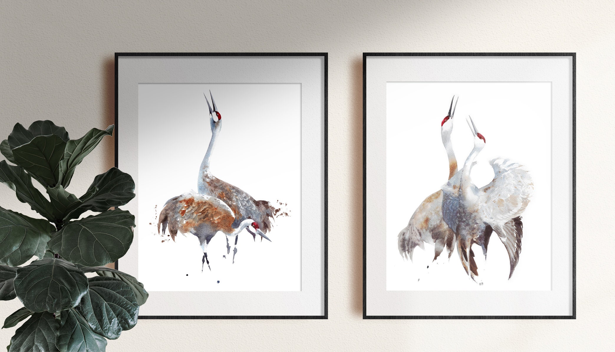Set of 2 Sandhill Cranes Watercolor Art, Giclee Fine Print, Bird Couple ...