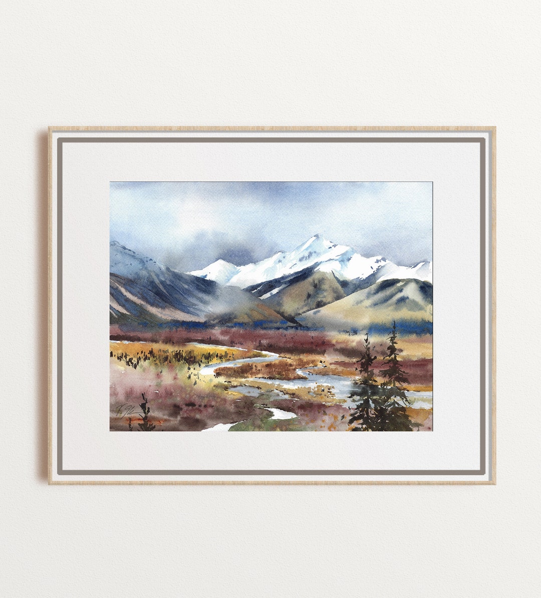 Alaska Landscape Watercolor Art, Denali National Park Print, Earth Tone ...