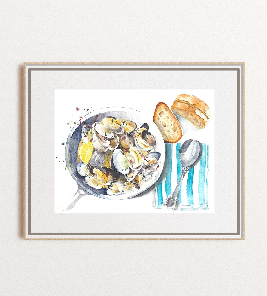 Seafood Art Print, Mussels Stew Kitchen Wall Art, Seafood Illustration ...