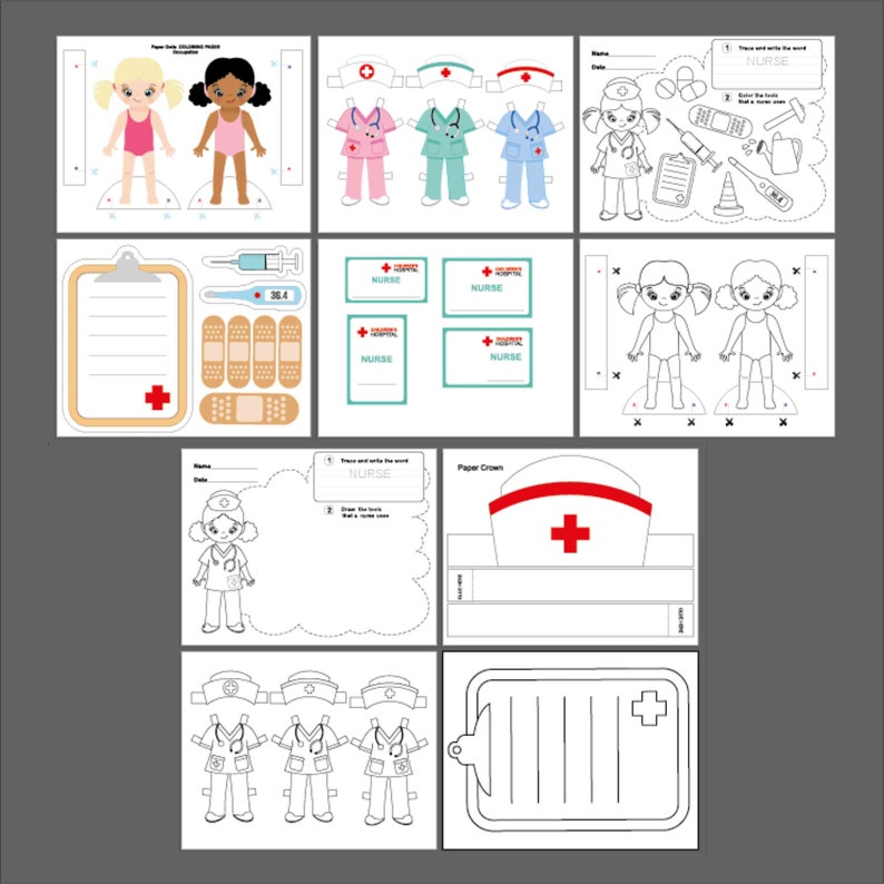 Nurse Paper Dolls: Pretend Play Set, Coloring Pages (digital Download ...
