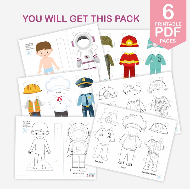 Community Helpers Paper Dolls: Occupation Coloring Pages (PDF Printable ...