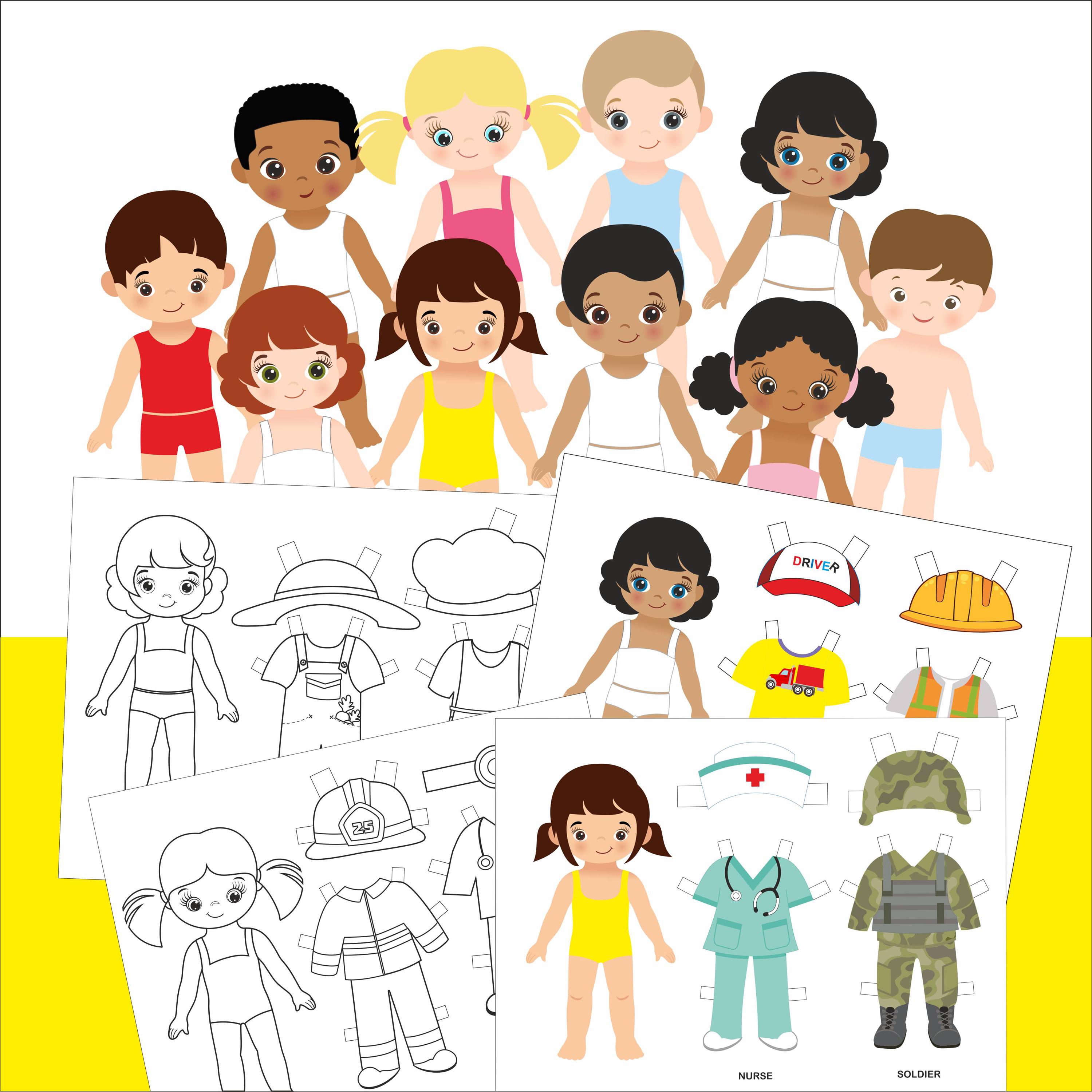 Paper Dolls Printable Community Helpers Dress up Preschool COLORING ...