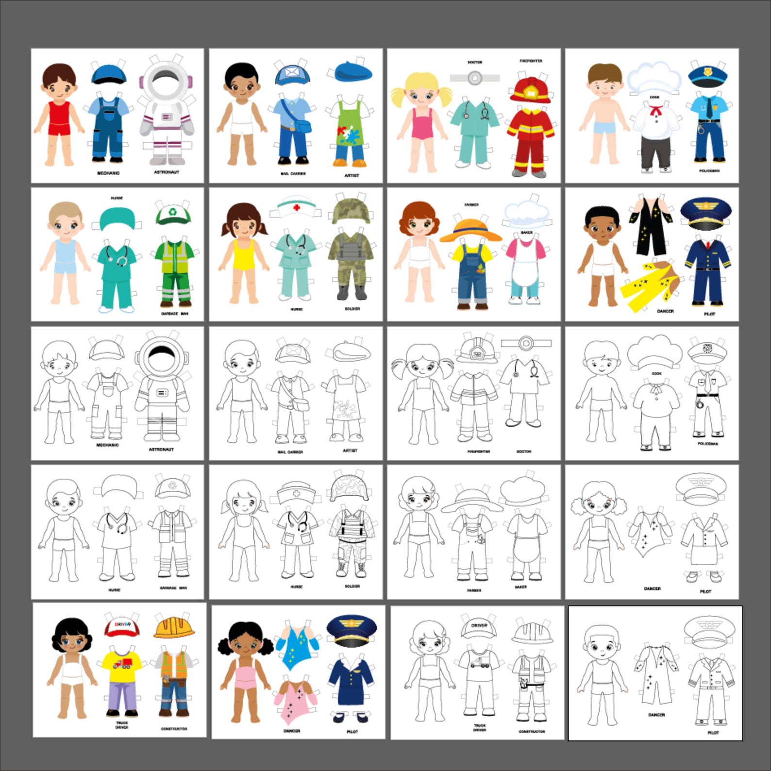 Paper Dolls Printable Community Helpers Dress up Preschool COLORING ...