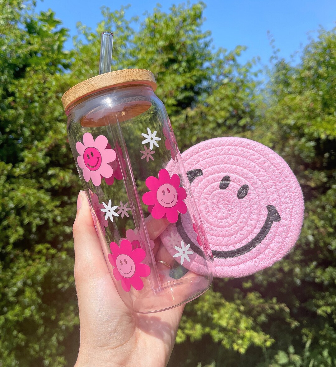 Daisy Cup Iced Coffee Cup Glass | Groovy Glass Can With Straw | 16oz ...