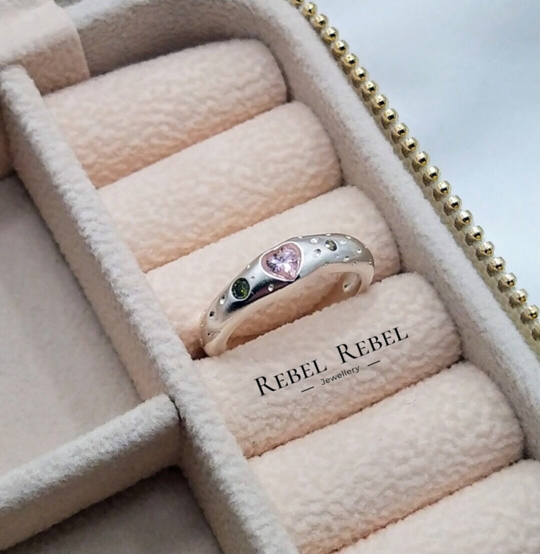 Chunky 925 Sterling Silver Crystal Heart Textured Adjustable Ring, Pink ...