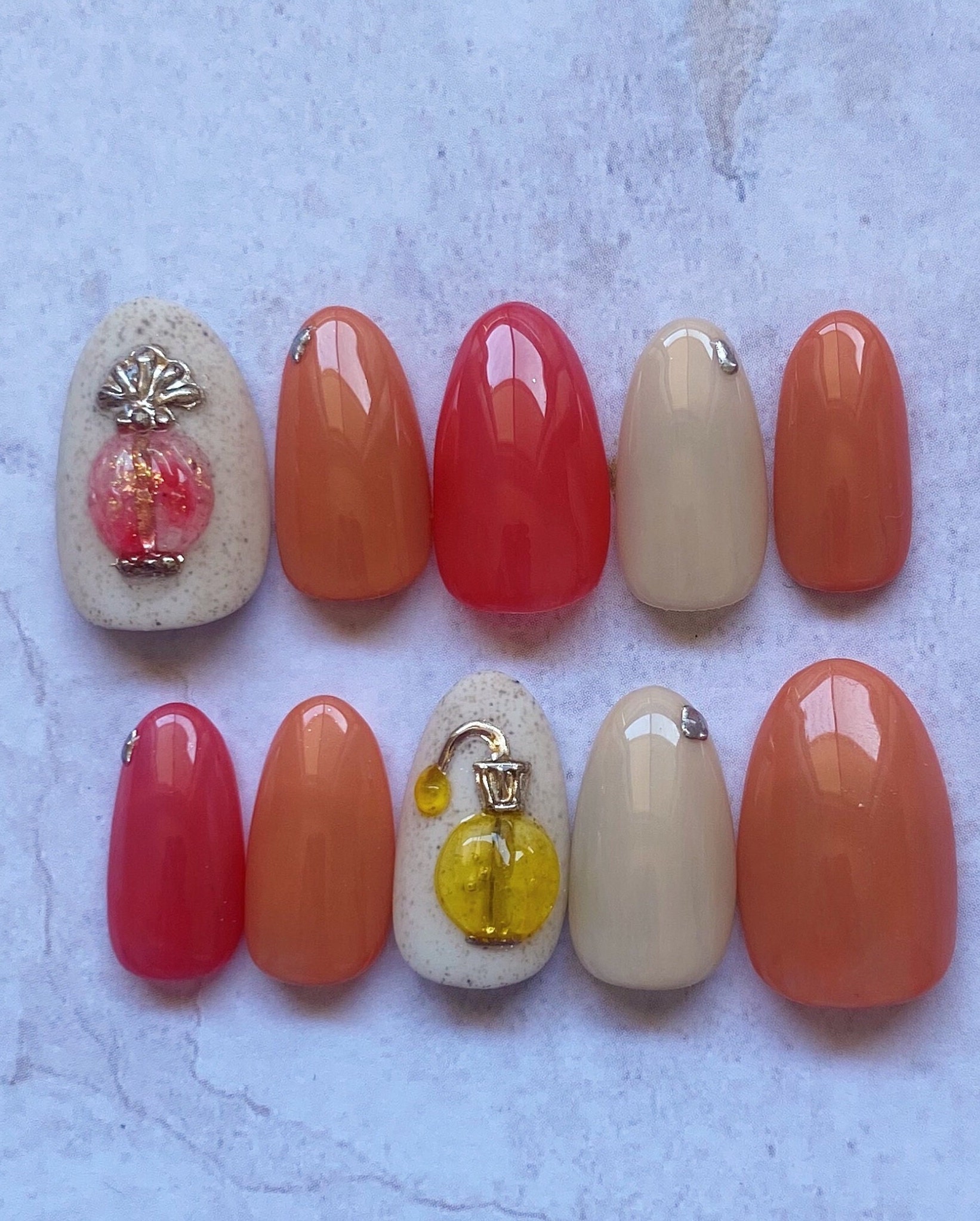 No.41 Beads Perfume Bottle Nails / Hand Painted Press on Nails ...