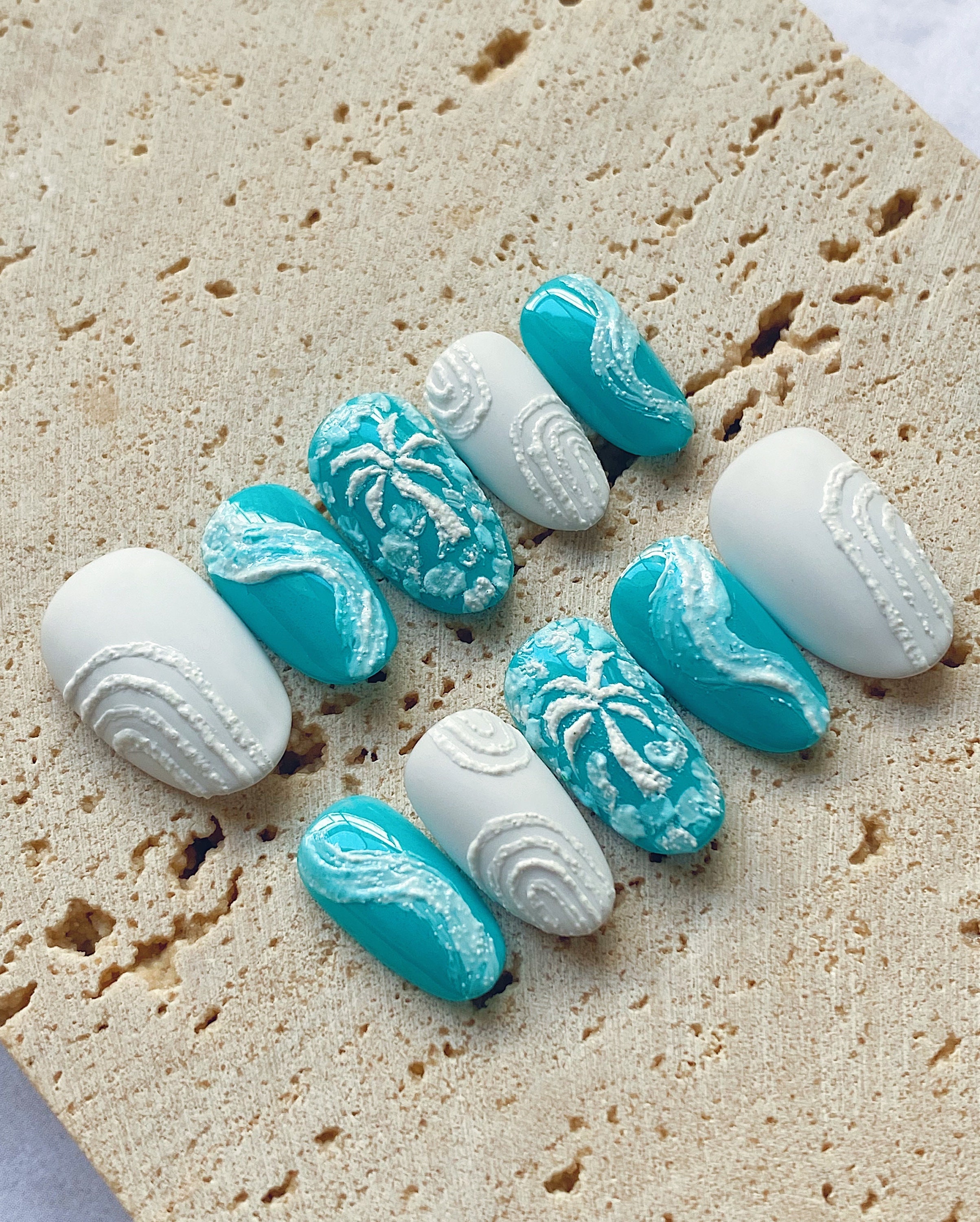 No.45 Textured Palm Tree Nails / Hand Painted Press on Nails / Reusable ...