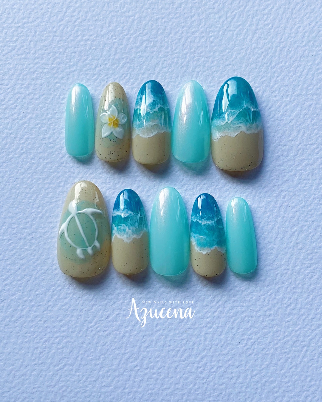 Blue Hawaii Press on Nails: Hand-painted Reusable Nail Set - Etsy