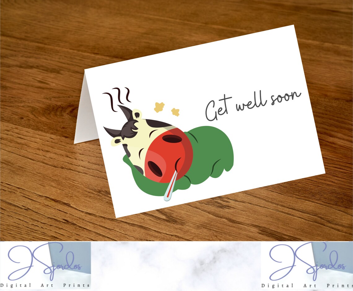 Printable Greeting Card, Get Well Soon, Cartoon Cow Card, Get Well Soon ...