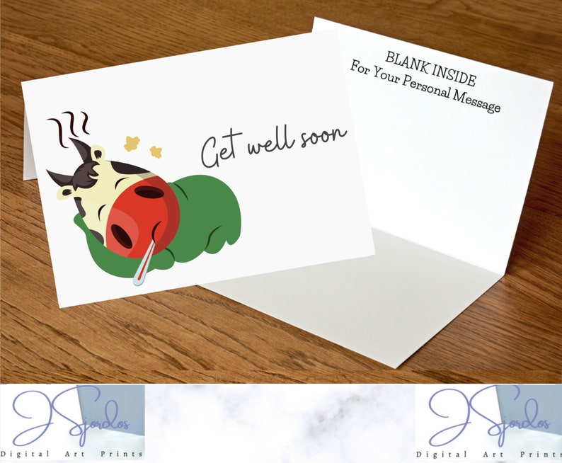 Printable Greeting Card, Get Well Soon, Cartoon Cow Card, Get Well Soon ...