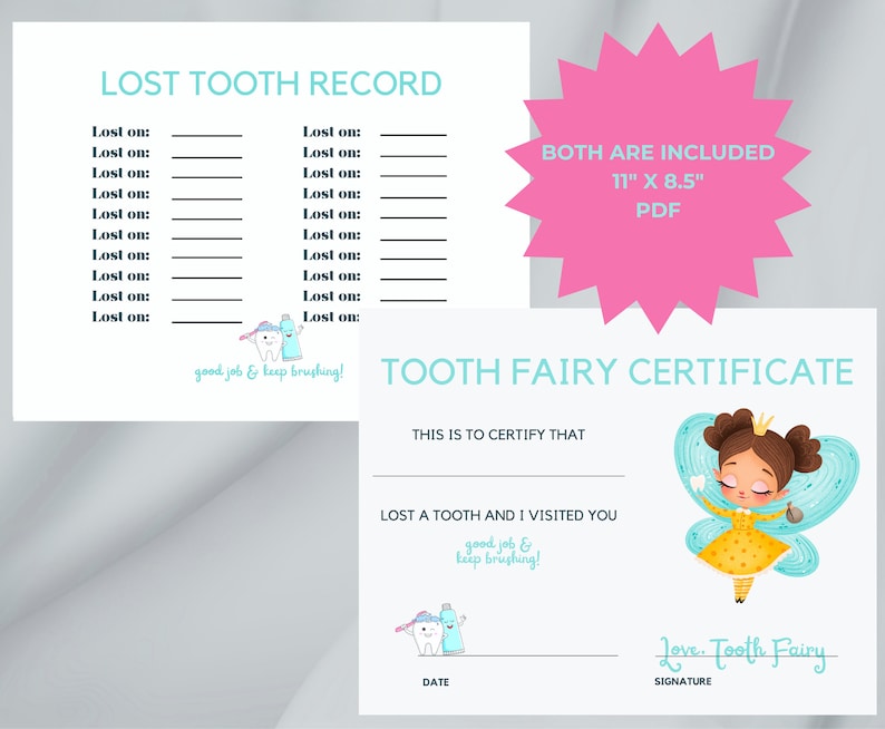 Lost Tooth Record, Tooth Fairy Certificate, Pdf, Lost Tooth Chart ...