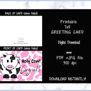 Congratulations Printable Cow Card, Cow Lovers Greeting Cards ...