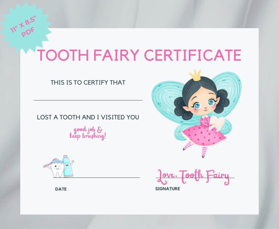 Tooth Fairy Certificate Pdf Lost Tooth Record Lost Tooth - Etsy