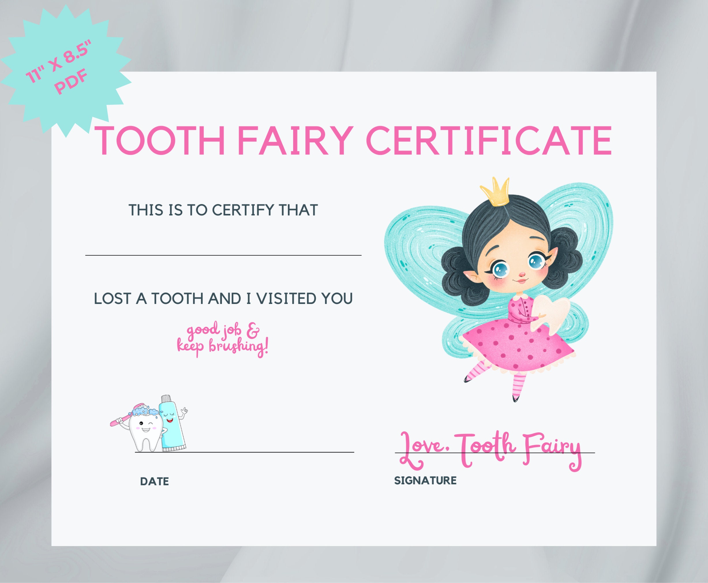 Tooth Fairy Certificate Pdf Lost Tooth Record Lost Tooth - Etsy