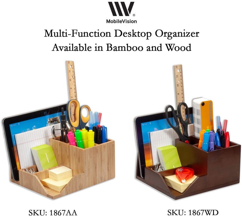 Mobilevision Bamboo Multi-function Desktop Organizer; Store Stationary Items Like Notepads, File ...