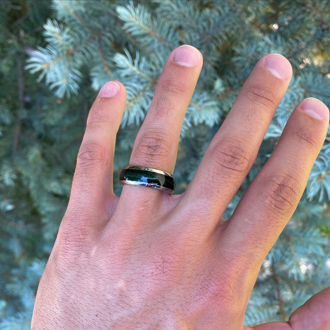The Verdant - 8mm Titanium Mens Wedding Ring With Green Fishing Line Inlay - Unique Mens Wedding ...