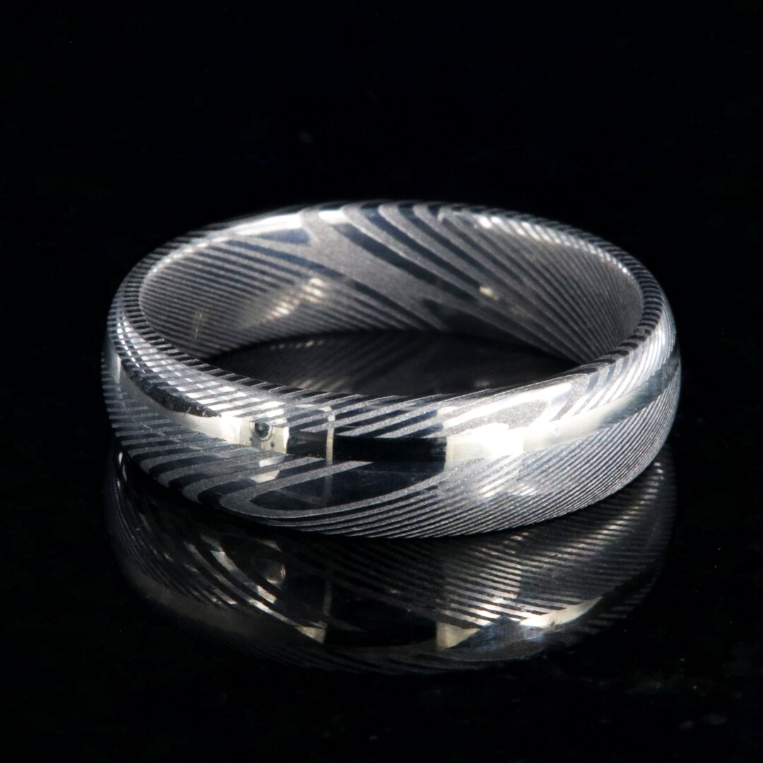 The Boiling Point, White Damascus Steel and Platinum Inlay Wedding Band ...