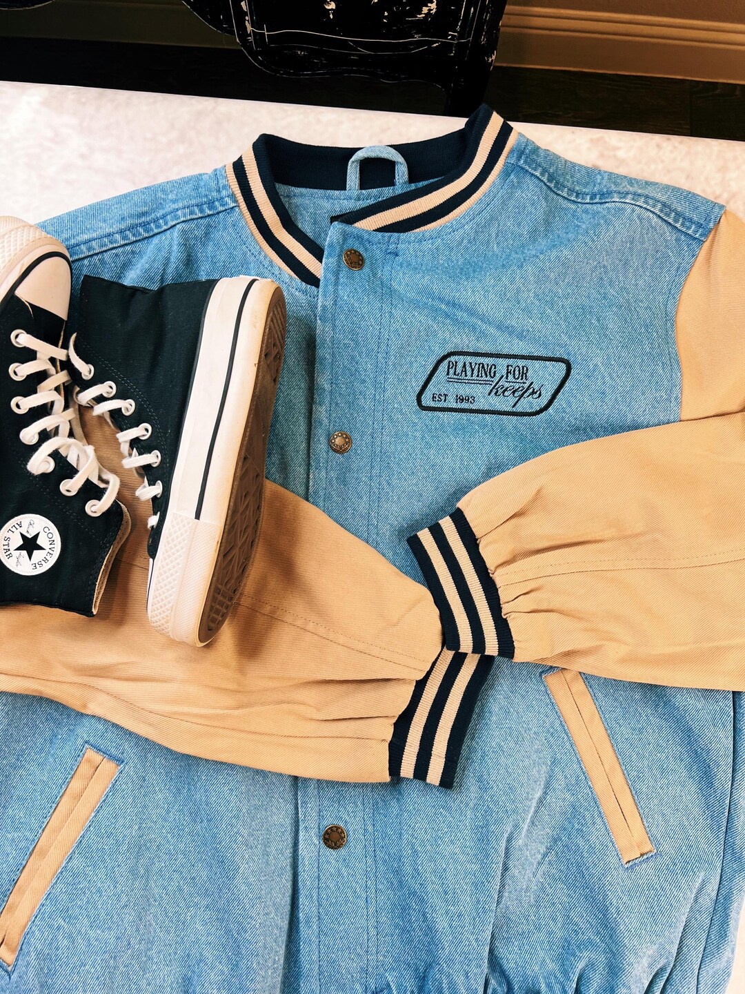 Vintage Denim Varsity Jacket | 90s Collegiate Style, Game Day, Sports ...
