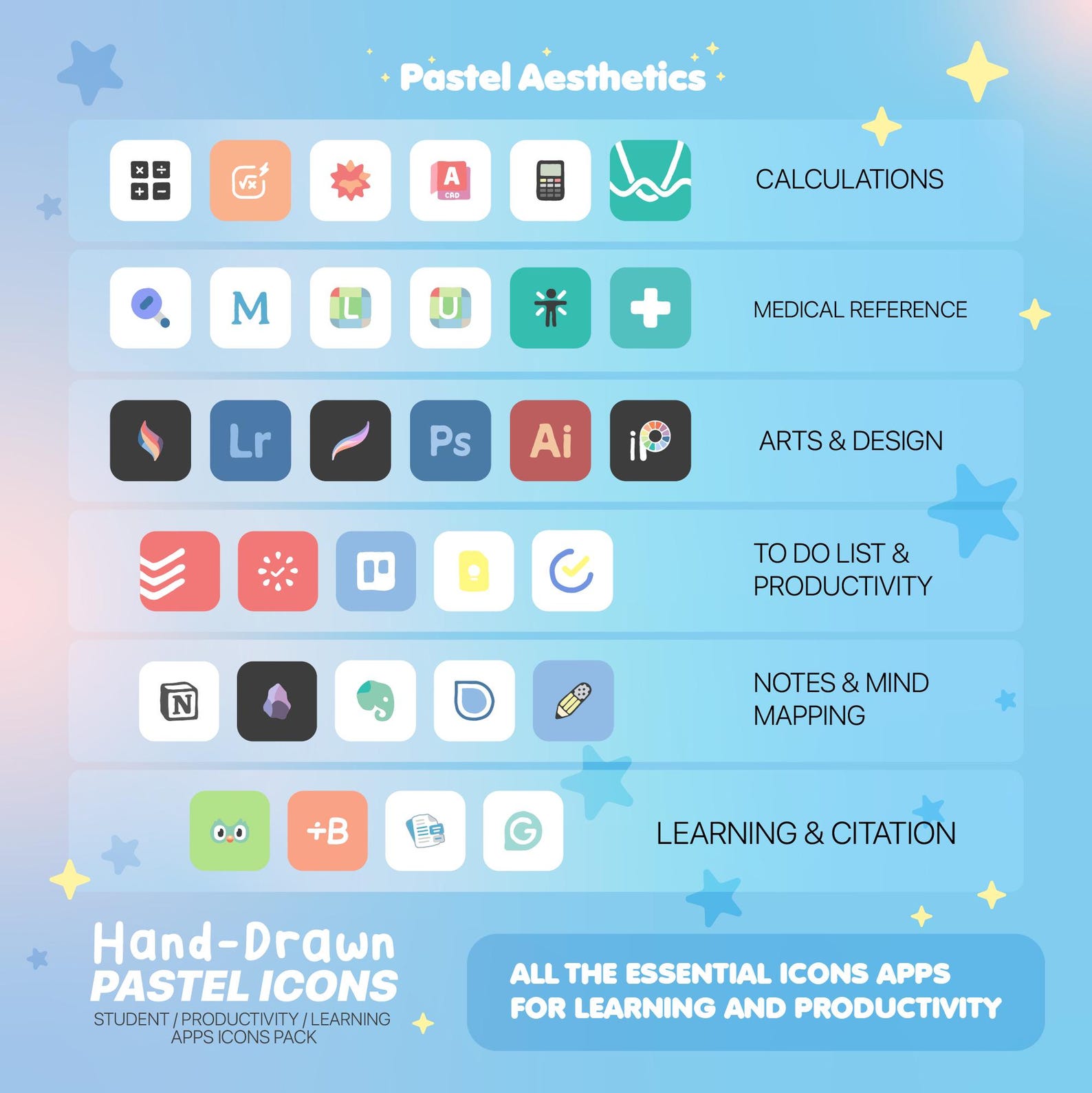 Hand-drawn Pastel Icons - Aesthetic Study and Productivity App Icons ...