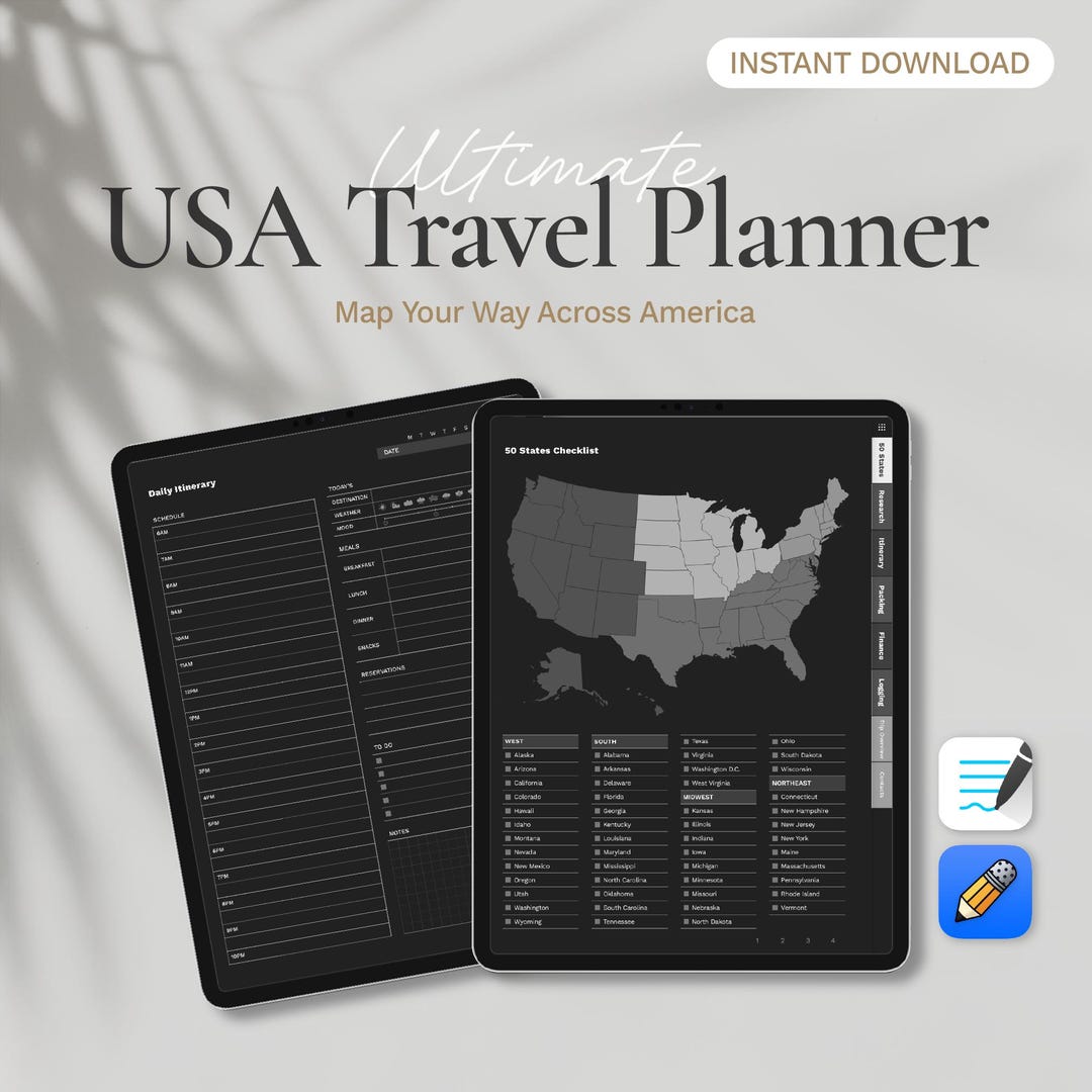 Digital USA Travel Planner - 50 States Map Checklist, Goodnotes ...