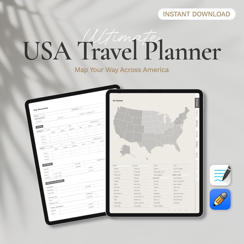Digital USA Travel Planner - 50 States Map Checklist, Goodnotes ...