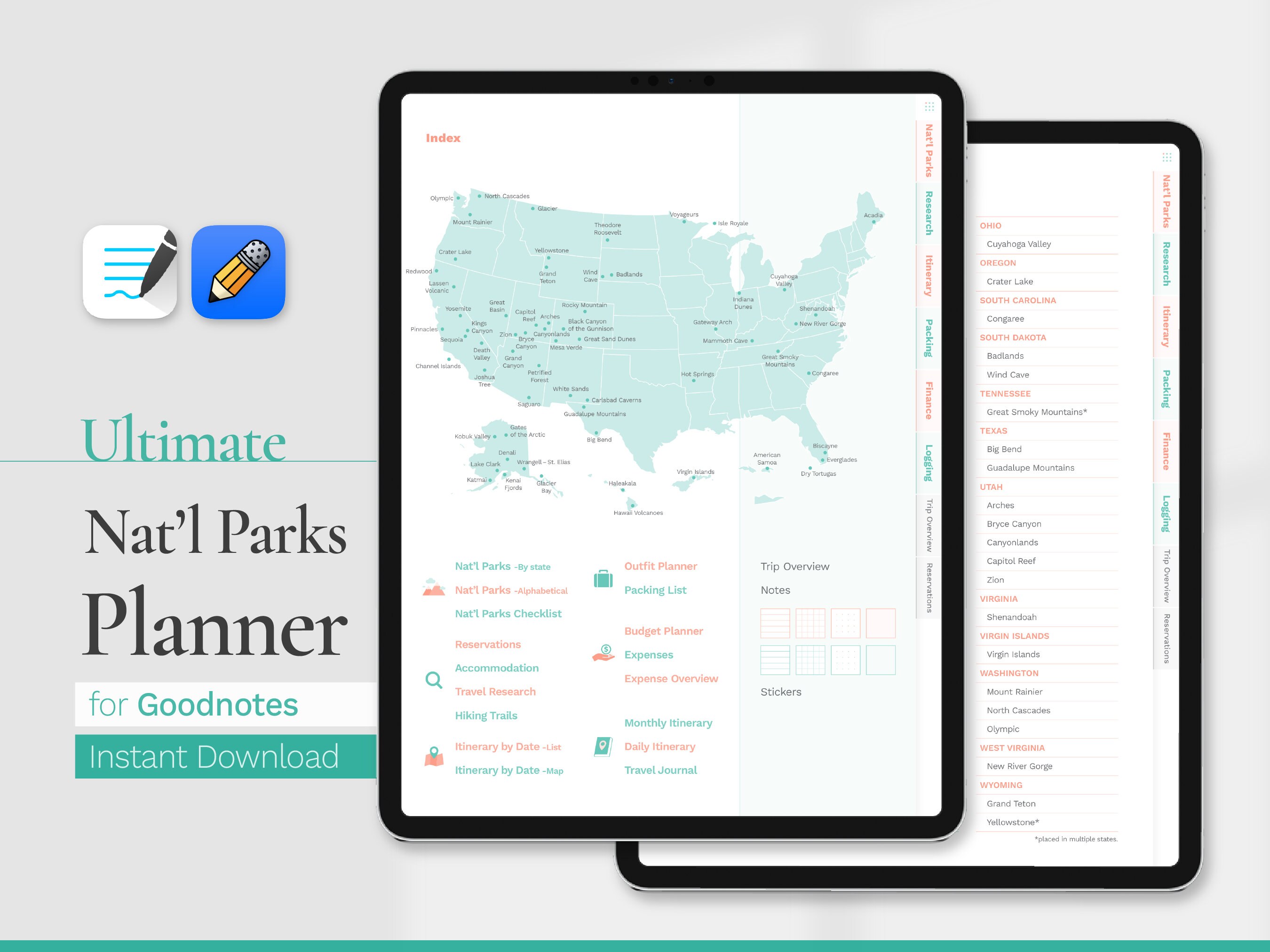 Digital National Parks Travel Planner, iPad Travel Journal, Goodnotes ...
