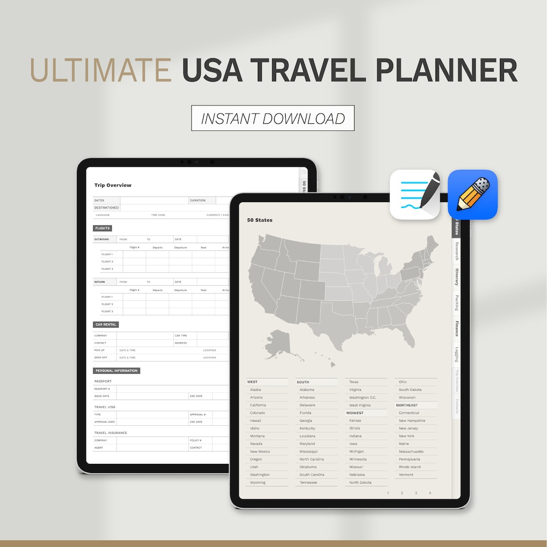 Digital USA Travel Planner, 50 States Challenge Map, iPad Travel ...