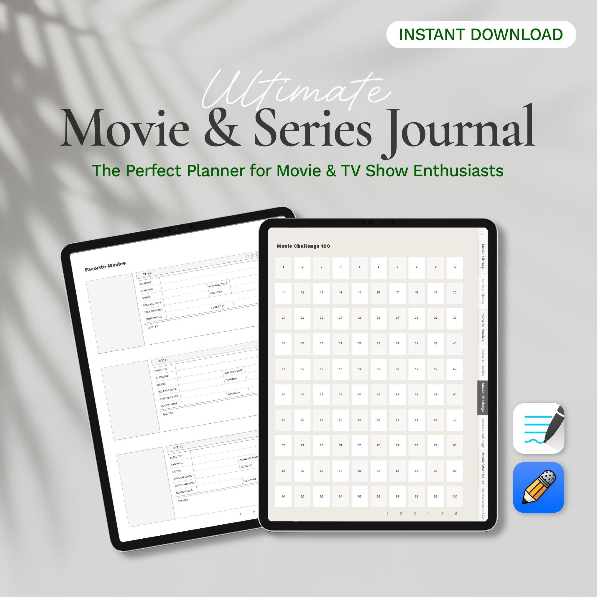 Digital Movie Planner, iPad TV Show Planner, Goodnotes Template ...