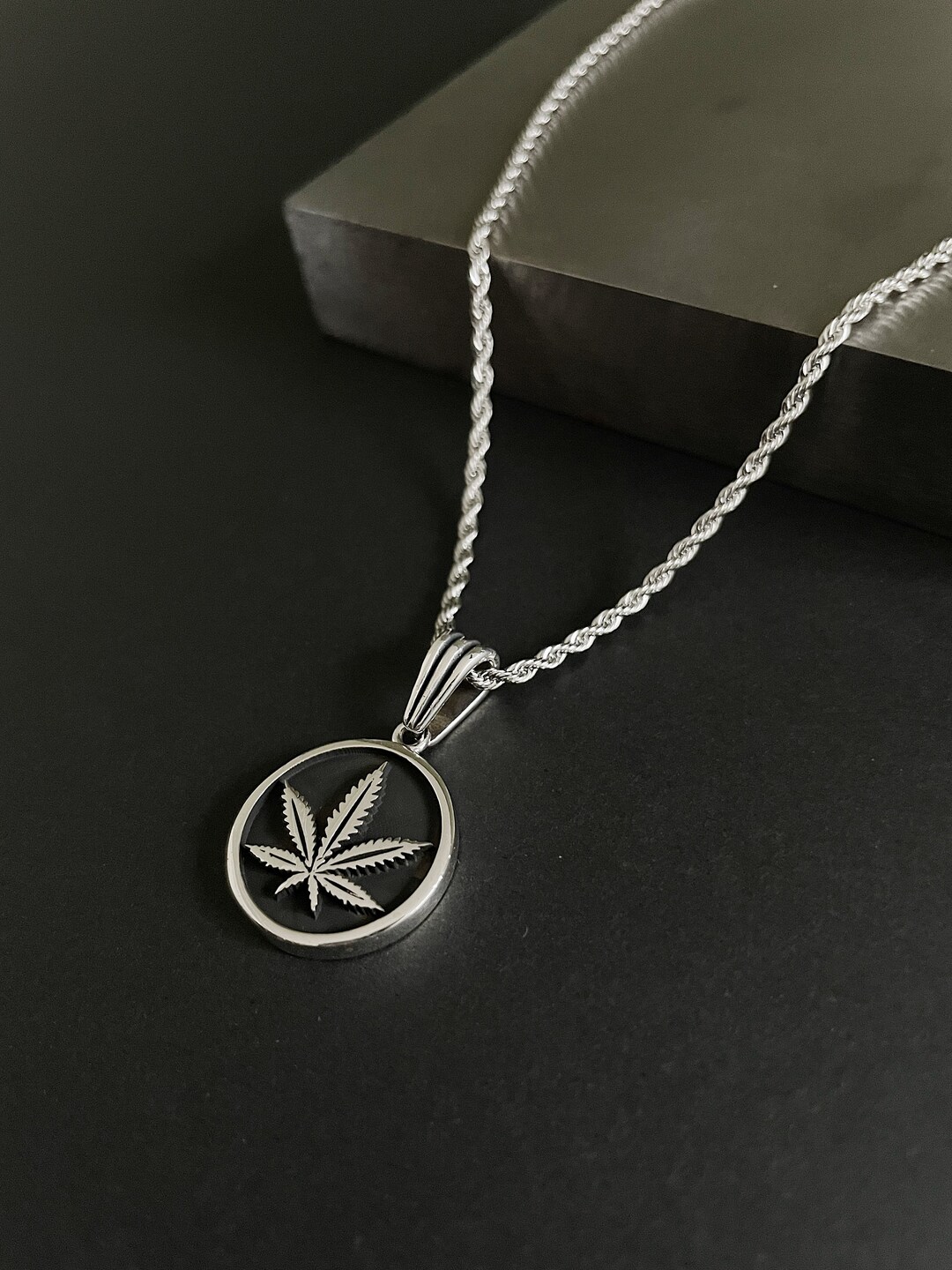 Sterling Silver Weed Necklace - Rope Chain - 925 Silver Marijuana Leaf ...